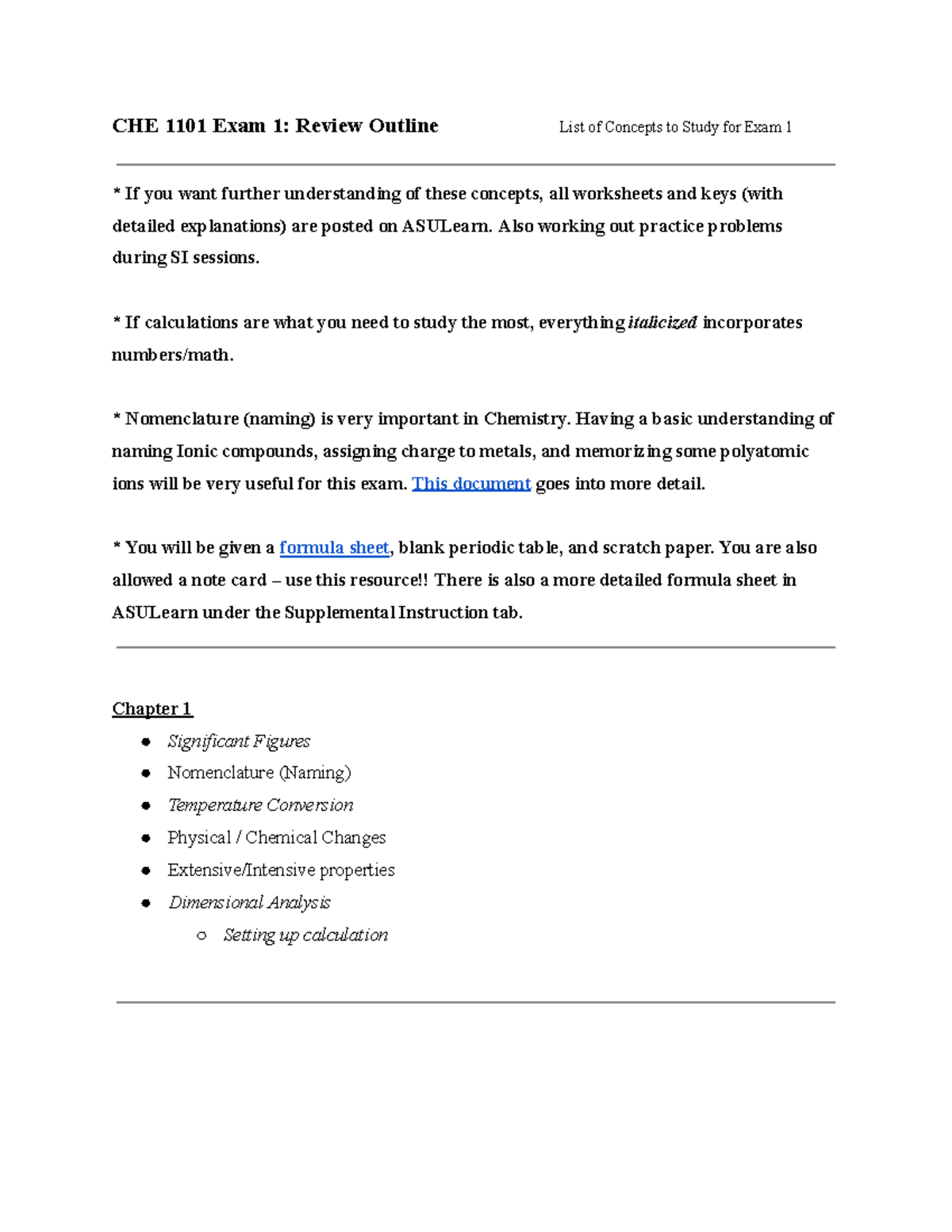 CHE 1101 Exam 1: Comprehensive Review Outline of Key Concepts - Studocu