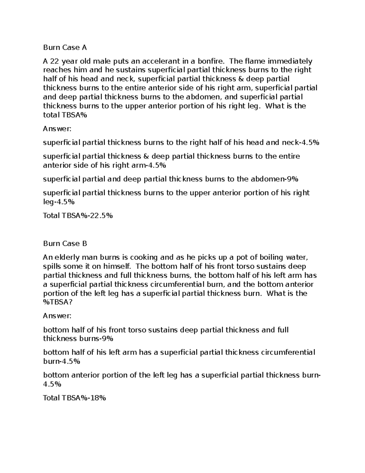 Burn Case Study: TBSA Calculations and Answers for Practice Cases - Studocu