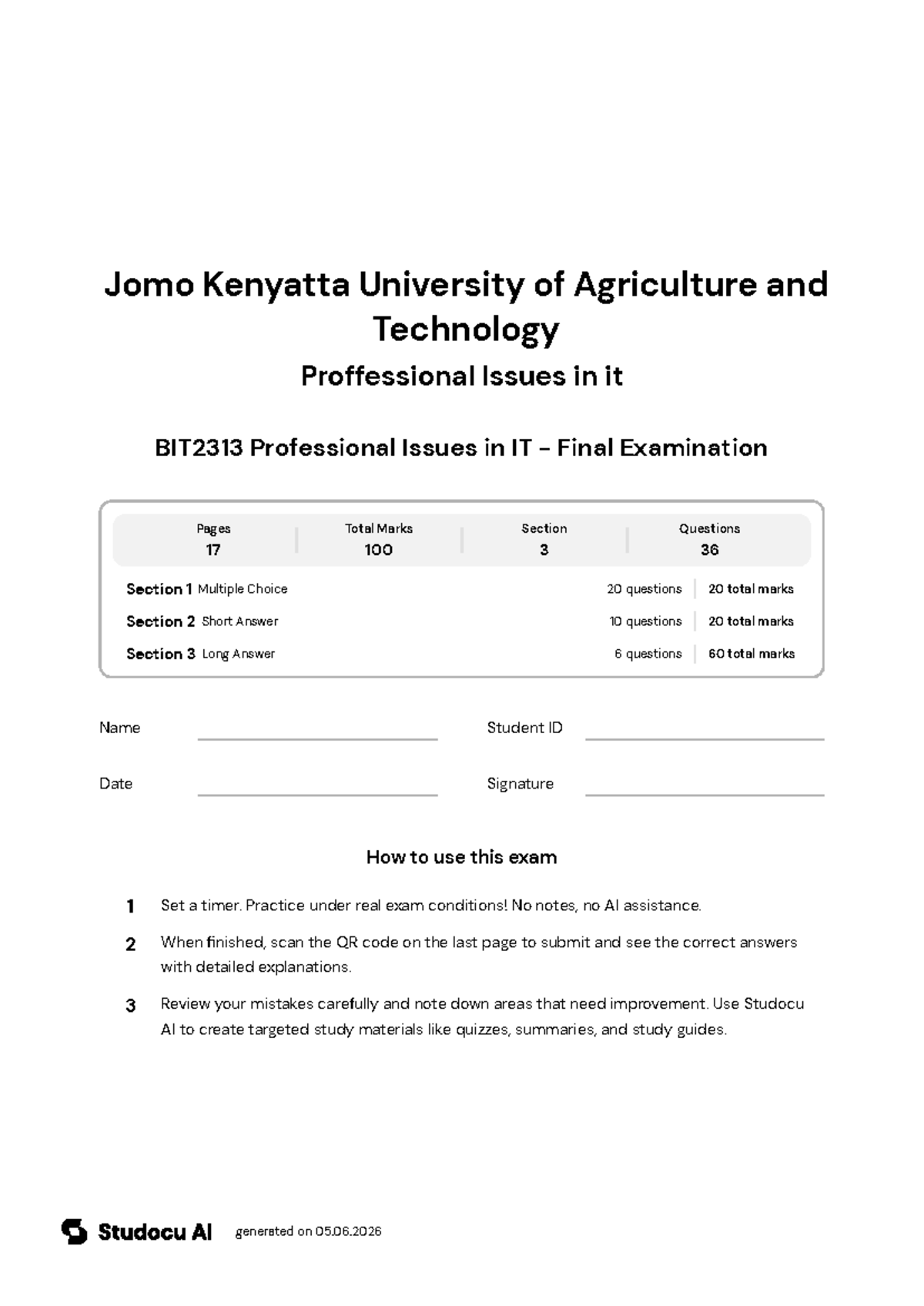 BIT2313 Professional Issues in IT - Final Exam - Studocu