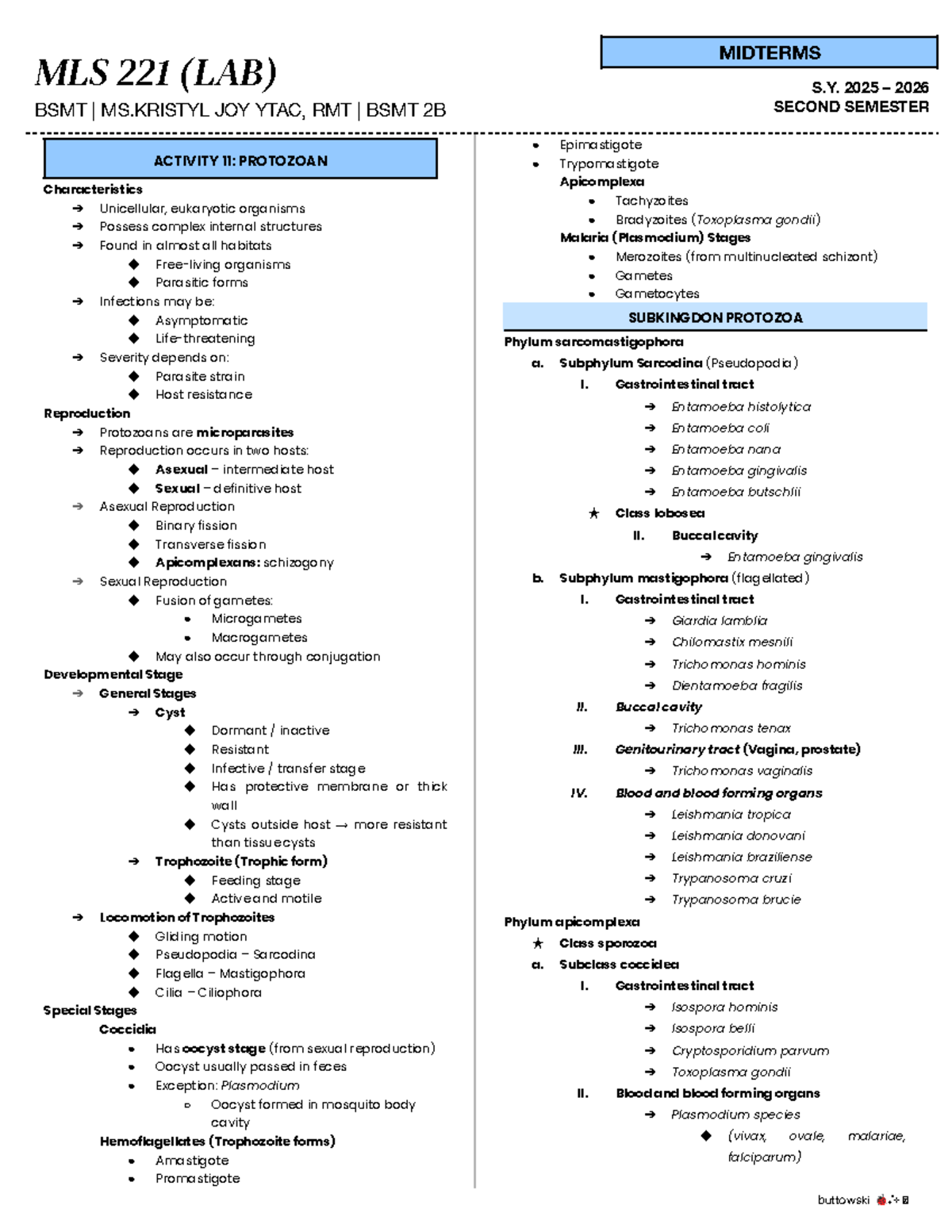 Finals Study Guide for MLS 221 (LAB) - Protozoan Characteristics and ...