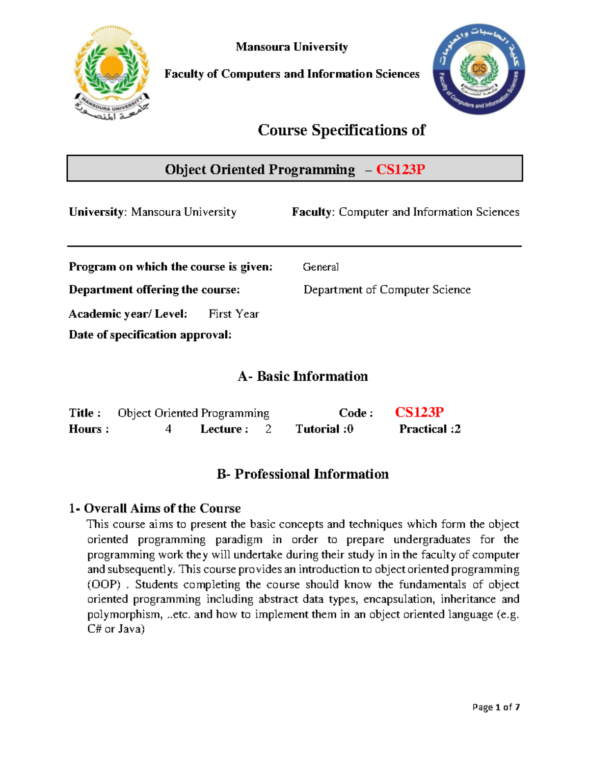 Course Specifications for Object Oriented Programming - CS123P - Studocu