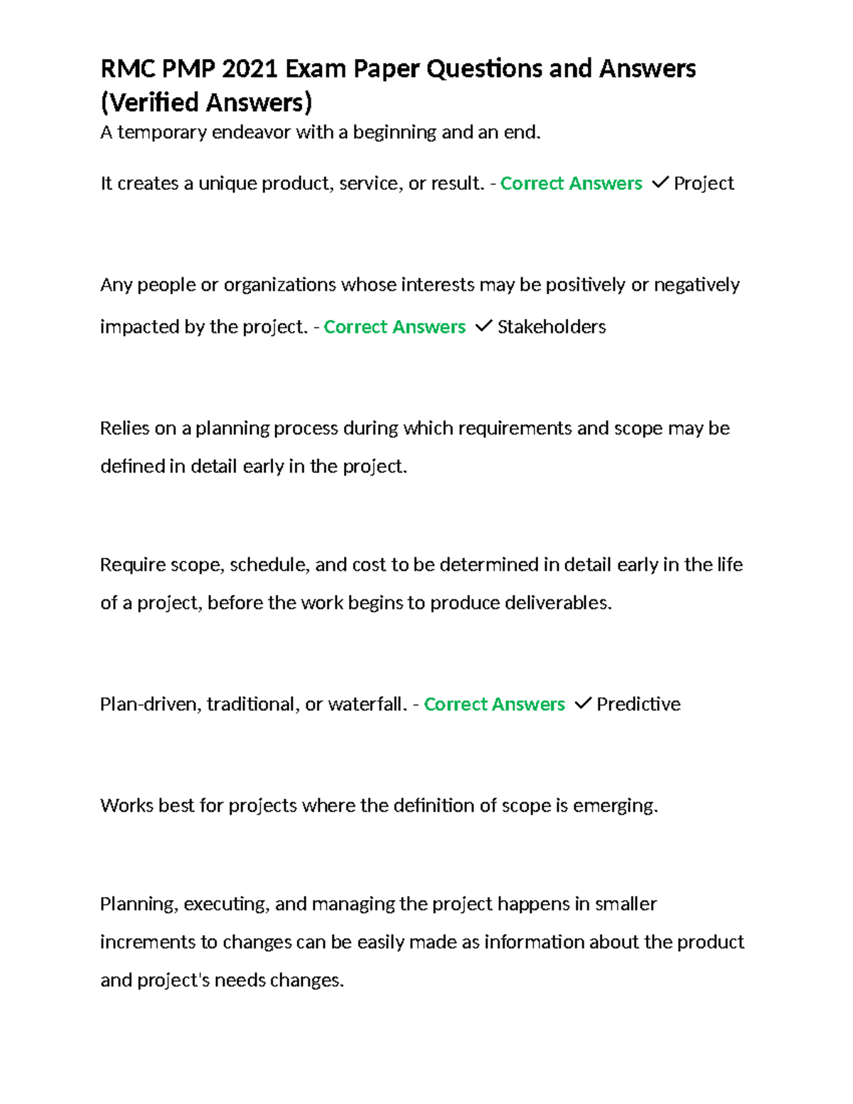 RMC PMP 2021 Exam Paper Questions & Answers (Latest Update 2023) - Studocu