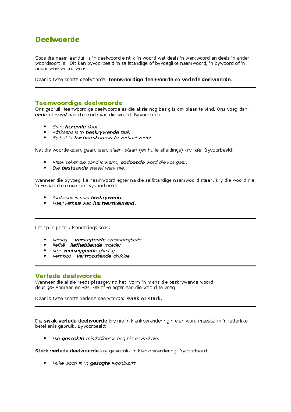 Deelwoorde - Werksaart en Klas Besprekings (Afrikaans) - Studocu