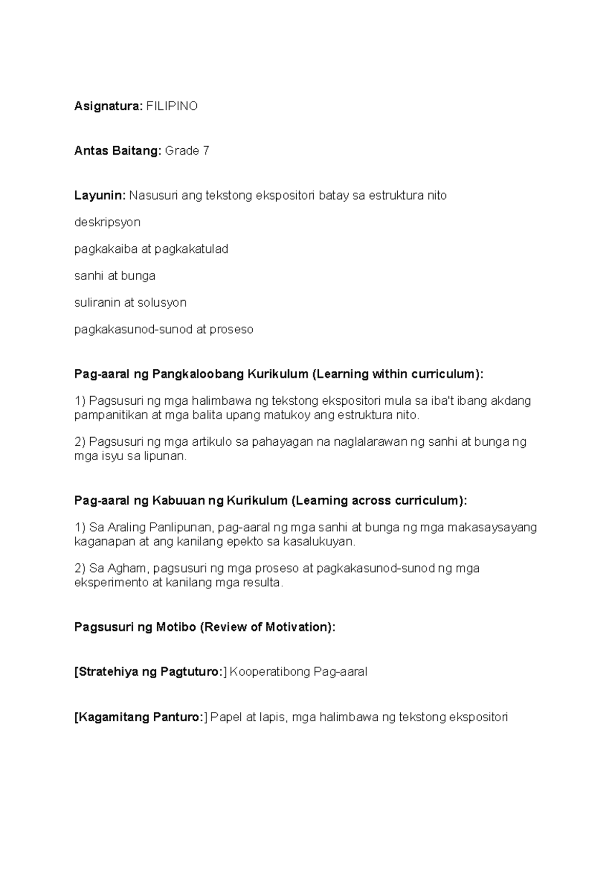 Lesson Plan - SANHI AT BUNGA: Pagsusuri ng Tekstong Ekspositori sa ...