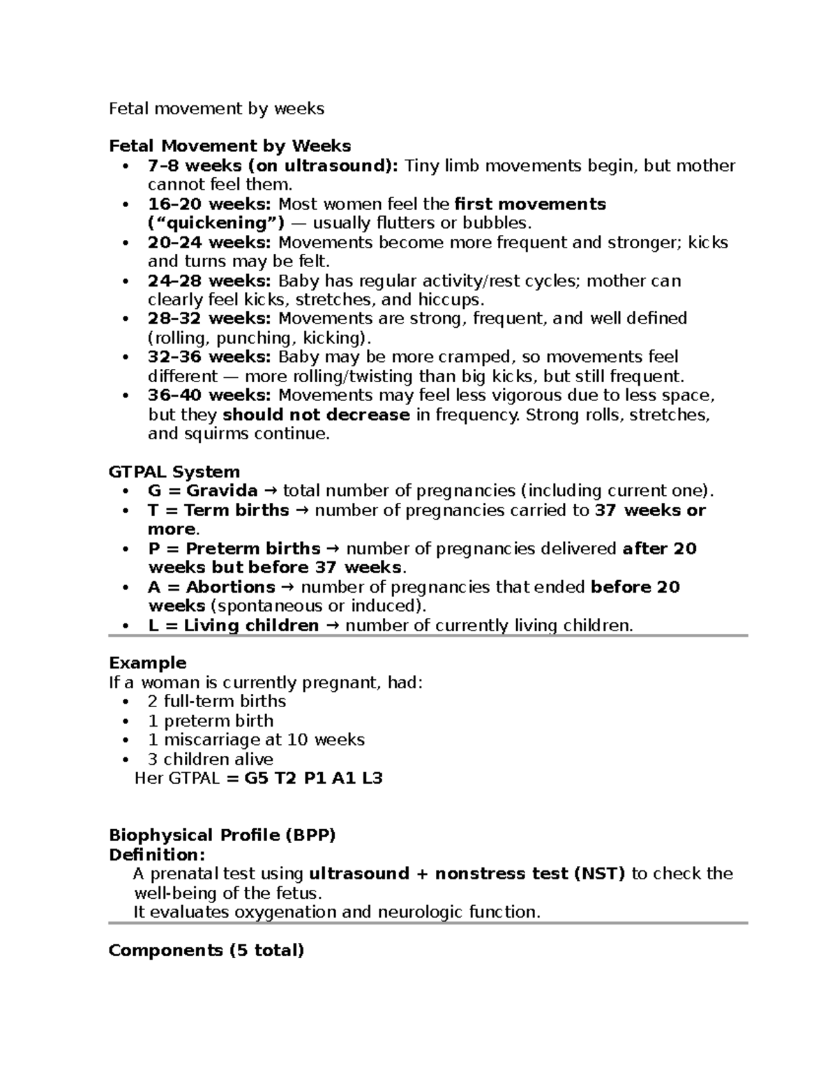 Fetal Movement Development & GTPAL Overview - Week 2 Notes - Studocu