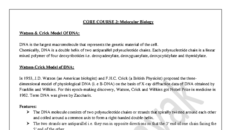 CORE COURSE 2: Molecular Biology - Unit 2 Nucleic Acids Overview - Studocu
