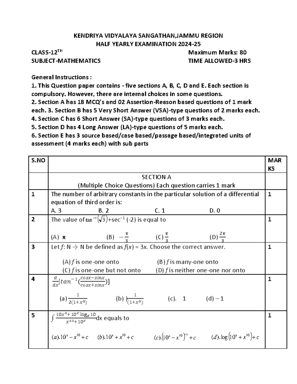 QP-XII- MATH- SET NO. 1 - sample paper for practice - KENDRIYA VIDYALAYA SANGATHAN,JAMMU REGION ...