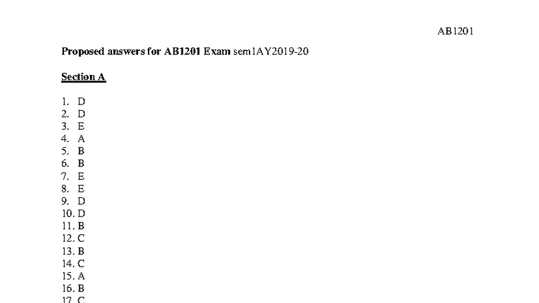 AB1201 Exam Solutions: Proposed Answers & Calculations - Studocu
