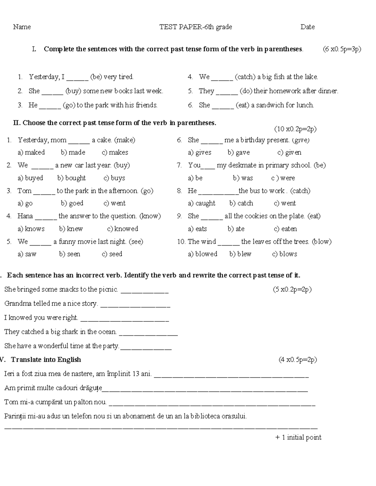 Irregular Verbs Worksheet for 6th Grade - TEST Grade I - Studocu