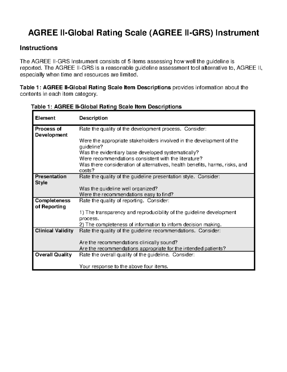 AGREE II GRS Instrument: Guidelines Assessment Tool Instructions - Studocu