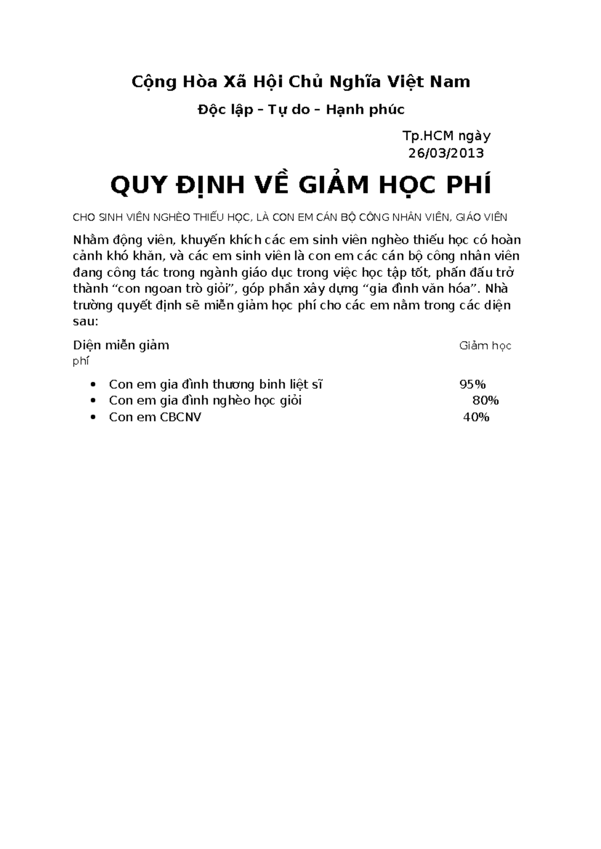 Quy Định Giảm Học Phí Cho Sinh Viên Nghèo - Tp.HCM - Studocu
