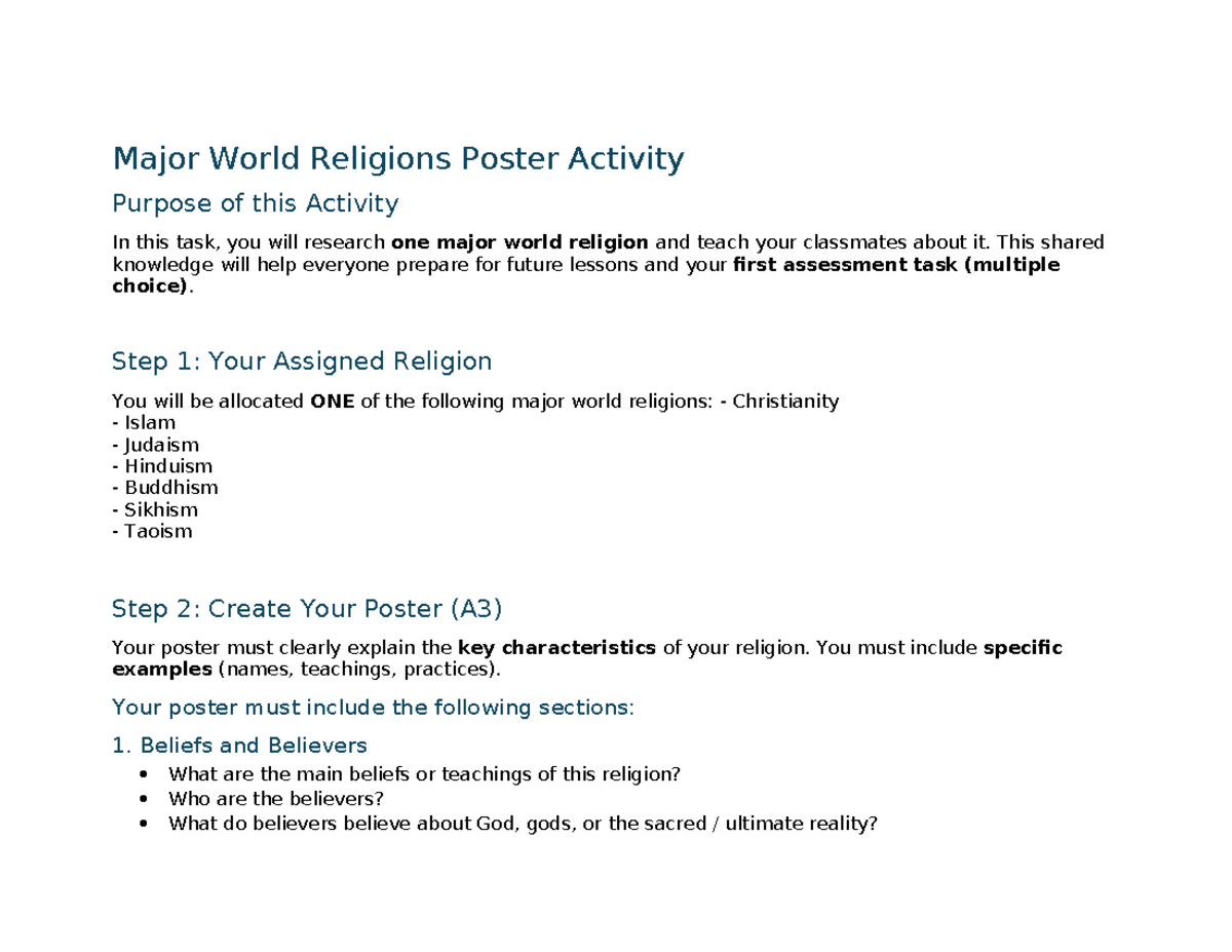 Major World Religions Poster Activity Guide - Studocu