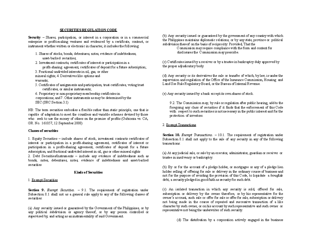 Securities Regulation Code: Comprehensive Notes and Key Insights - Studocu