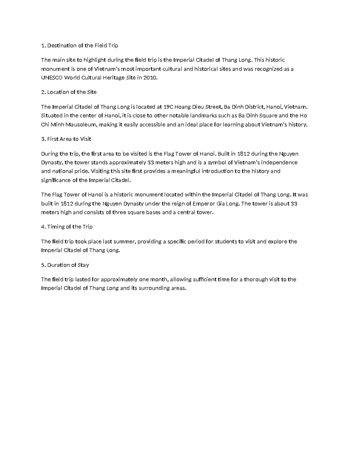 Field Trip Report: Imperial Citadel of Thang Long (HIST 101) - Studocu