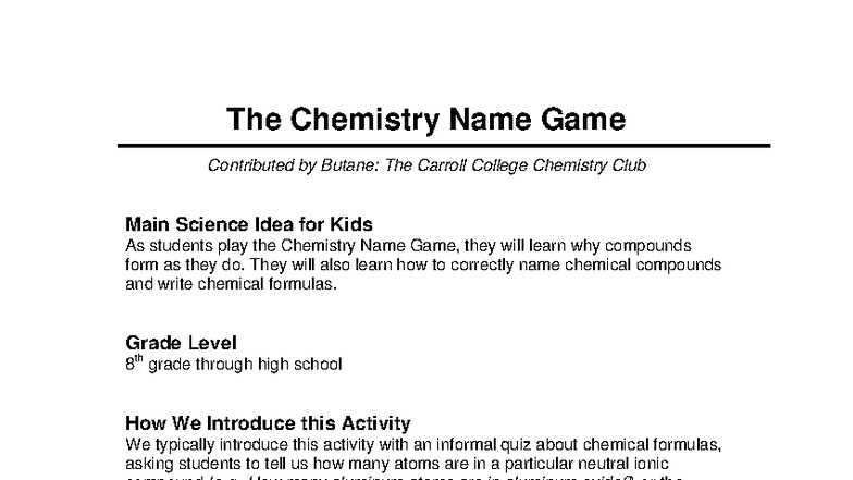 The Chemistry Name Game: Engaging Students in Compound Naming (8th-High ...