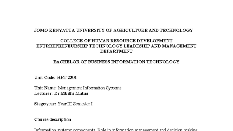HBT 2301 - Management Information Systems Course Overview and Content - Studocu