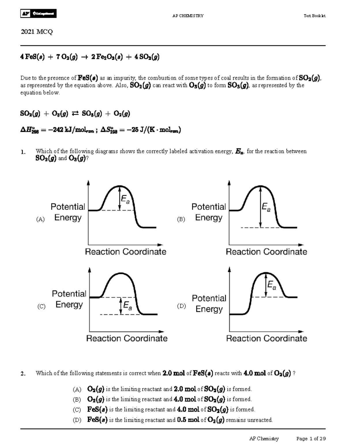 AP CHEMISTRY 2021 Test Booklet MCQ Review - Studocu