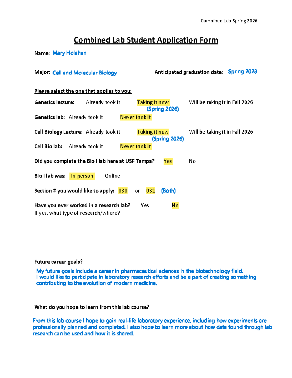 Combined Lab Application Form for Cell and Molecular Biology - Spring ...
