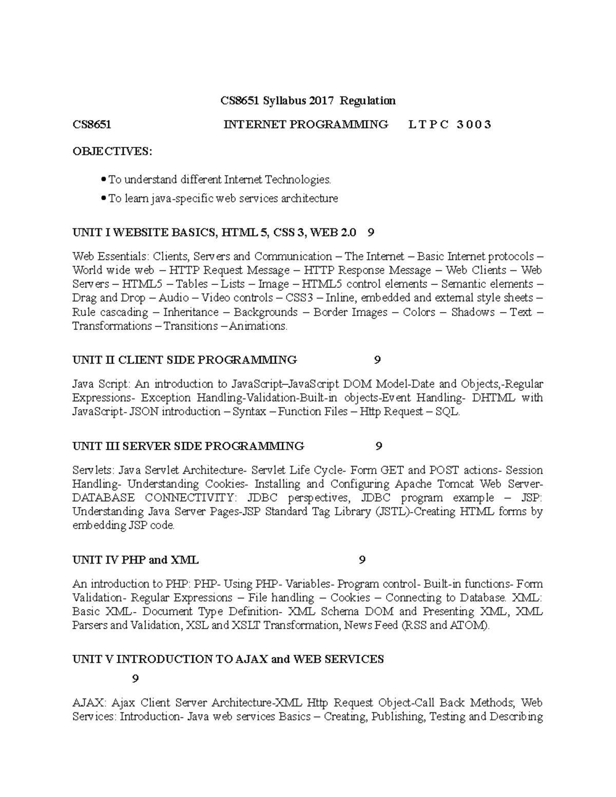 CS8651 Internet Programming Syllabus 2017 Regulation Overview - Studocu