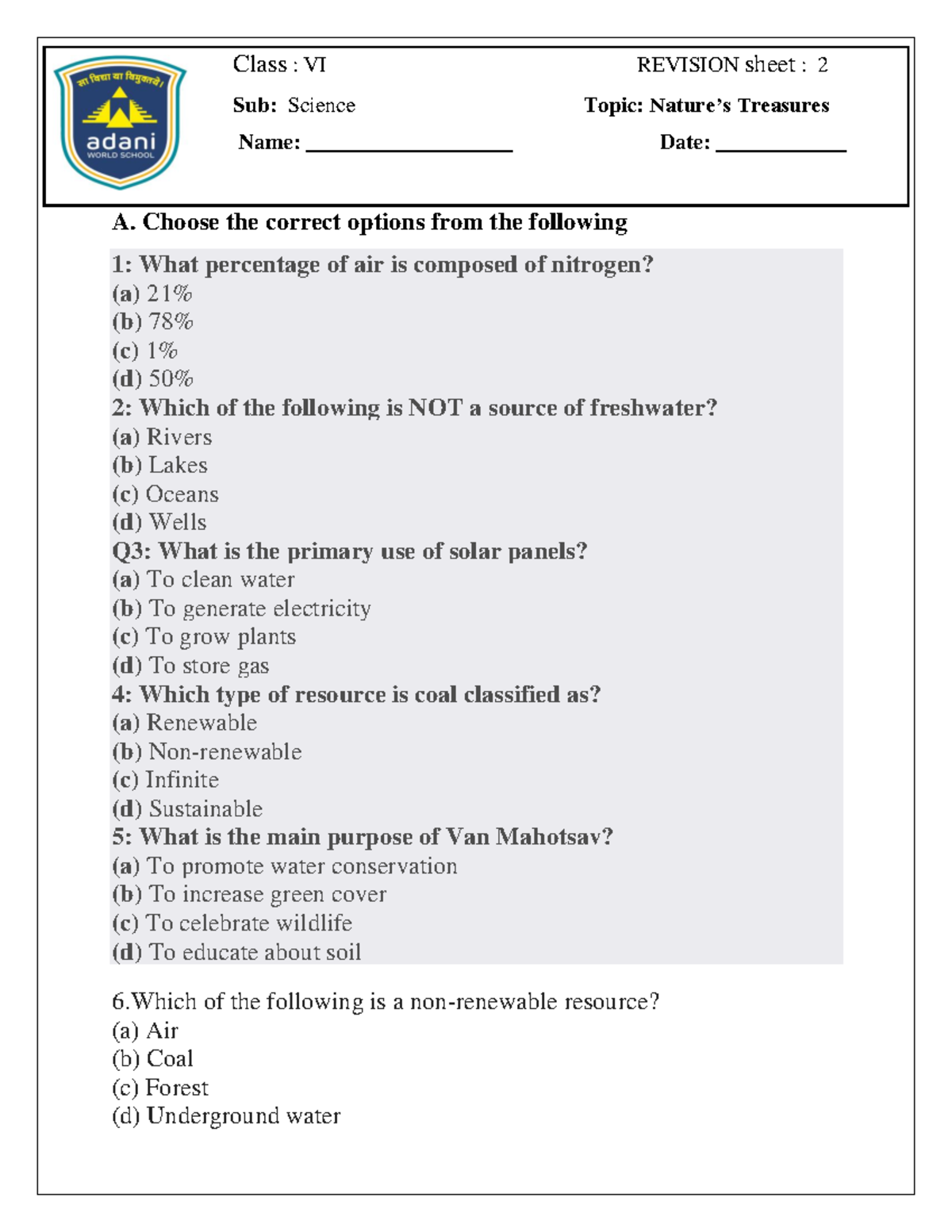 Nature's Treasure Worksheet: Science Revision for Class VI - Studocu