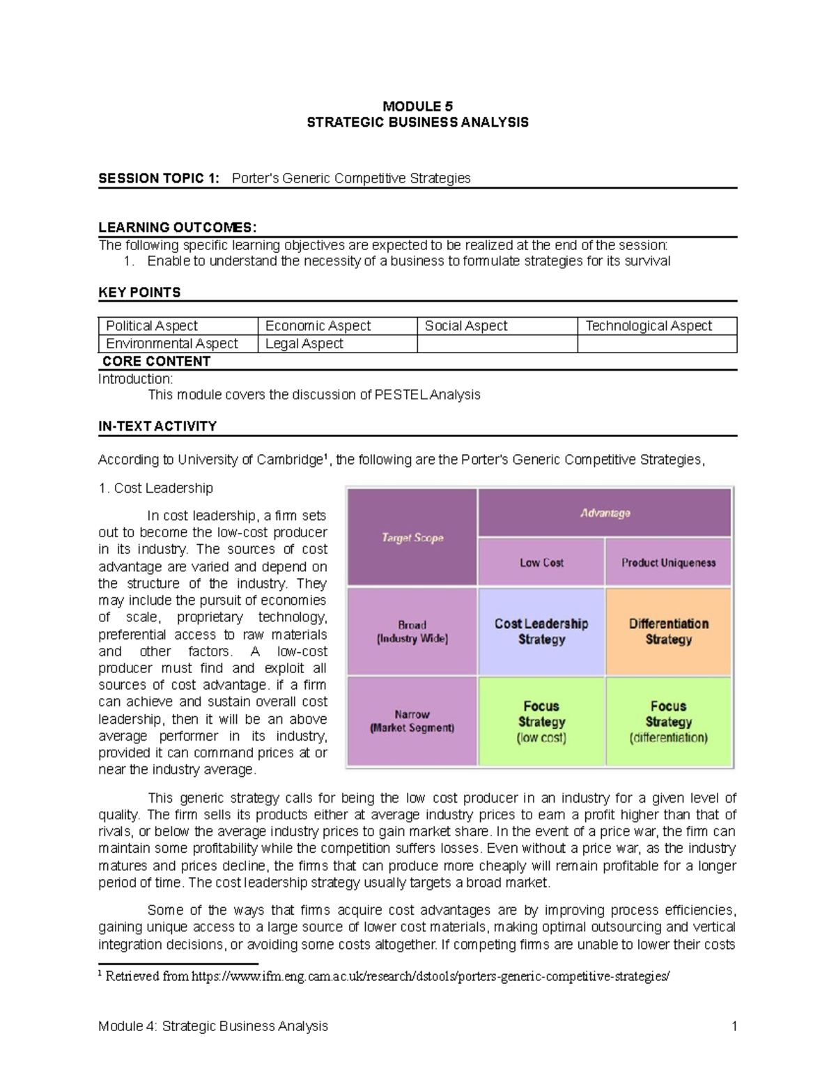 Porters Generic Market Analysis - MODULE 5 STRATEGIC BUSINESS ANALYSIS SESSION TOPIC 1: Porter’s ...
