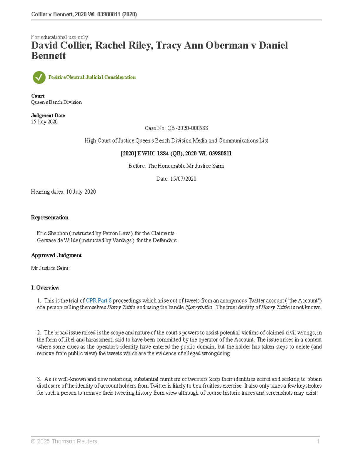 Collier v Bennett - High Court Judgment Overview on Defamation Case ...