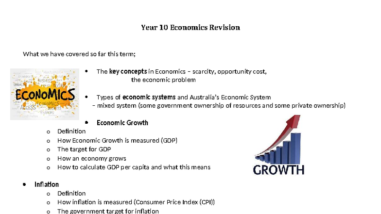Year 10 Economics Revision: Key Concepts & Measures (2021Econ10) - Studocu