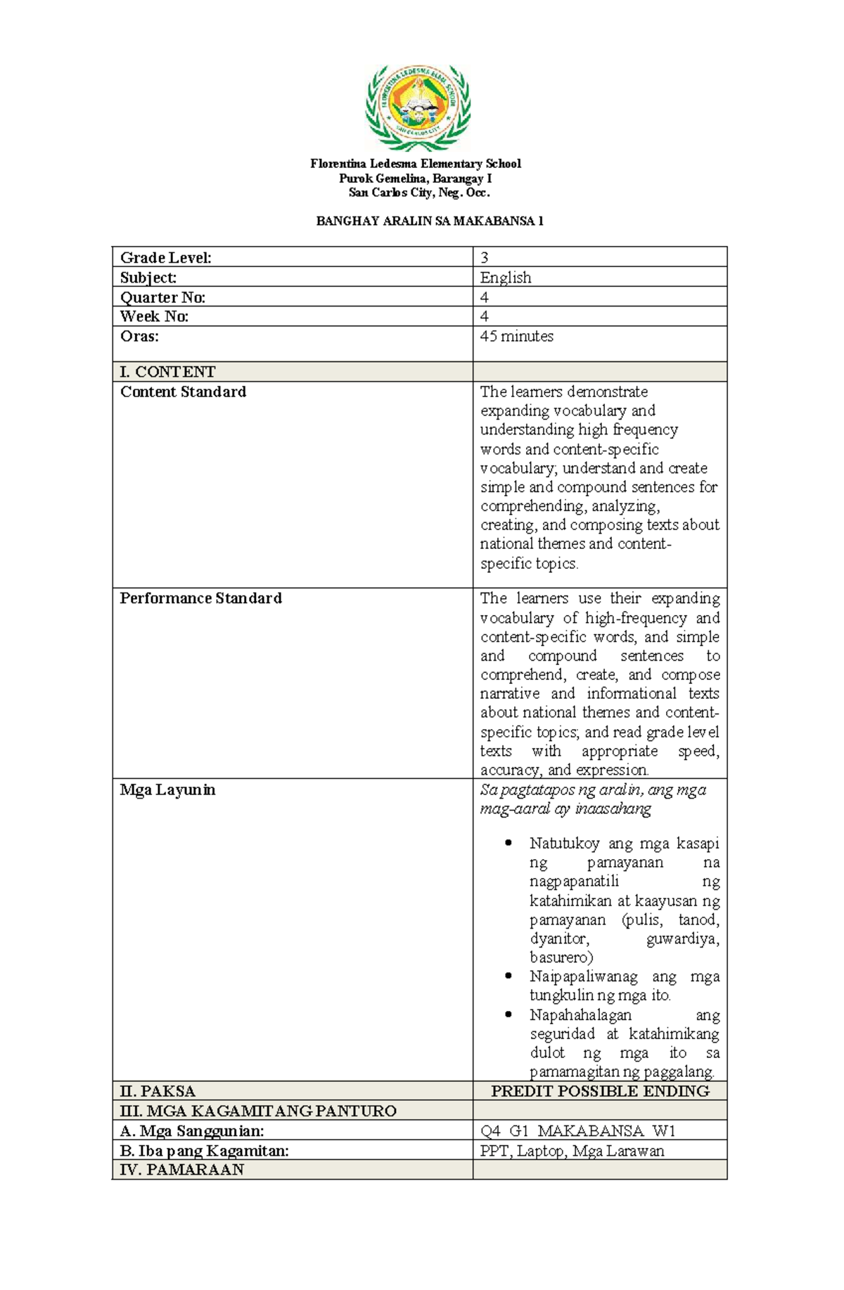 BANGHAY ARALIN SA MAKABANSA 1: English LP for Grade 3, Q4 W1 - Studocu