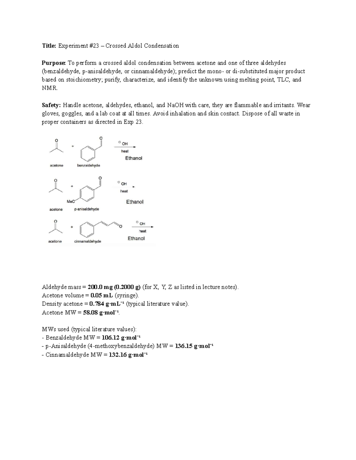 Crossed Aldol Condensation Lab E: Procedure and Analysis - Studocu
