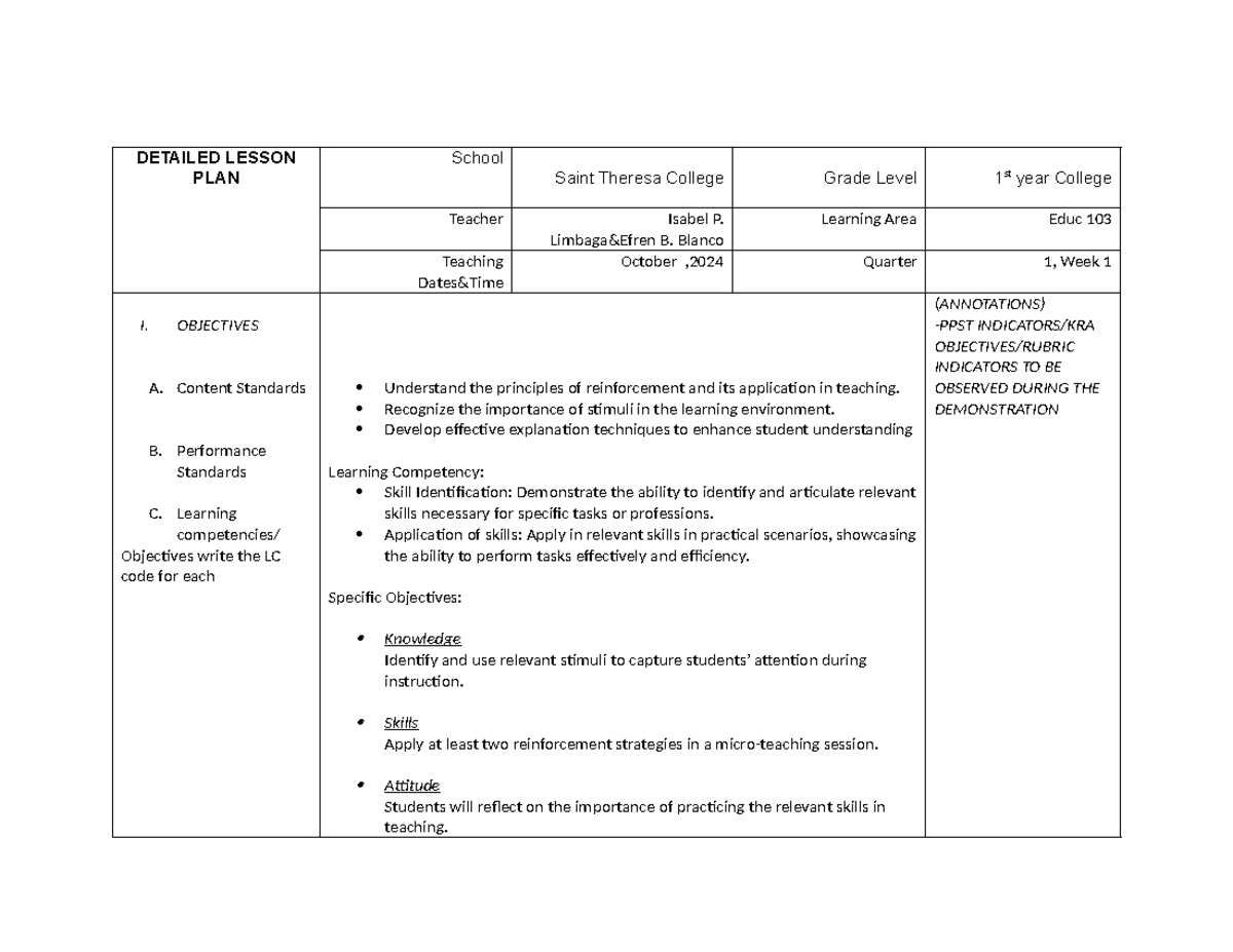 Detailed Lesson Plan for Educ 103: Week 1 - Skill Application in ...