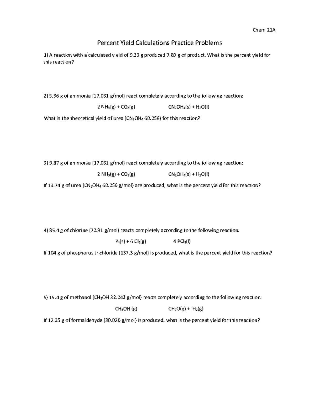 Chem 21A - Percent Yield Calculations Practice Problems and Key - Studocu