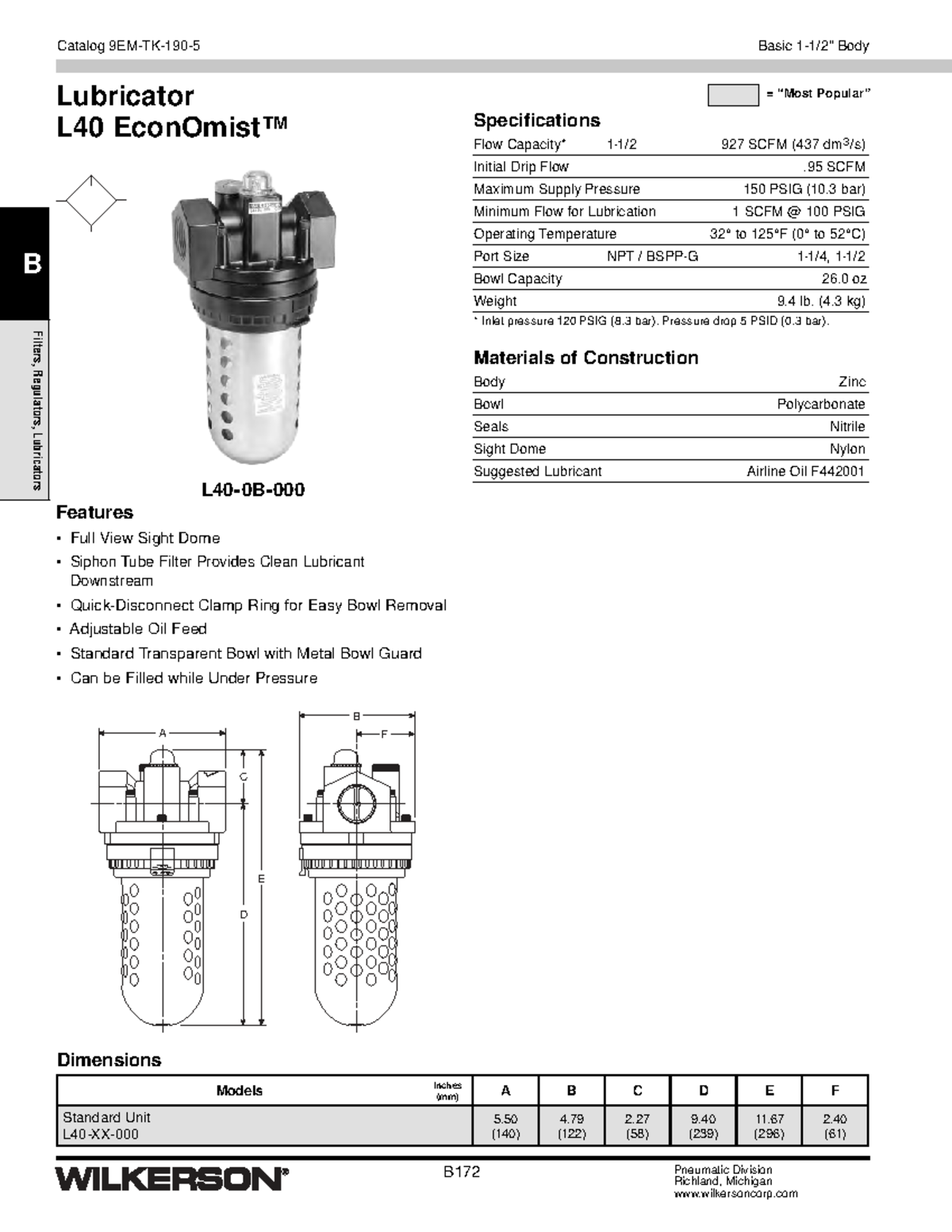 Wilkerson L40CB000 Airline Lubricator Specifications & Features - Studocu