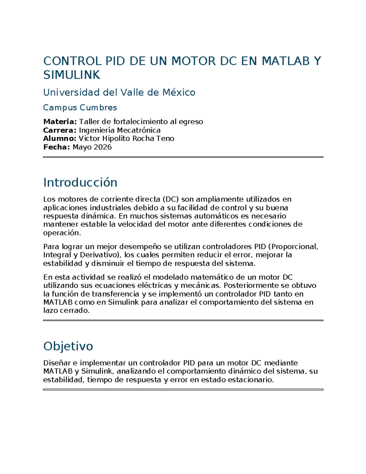 Reporte de Control PID de Motor DC en MATLAB y Simulink - UVM - Studocu