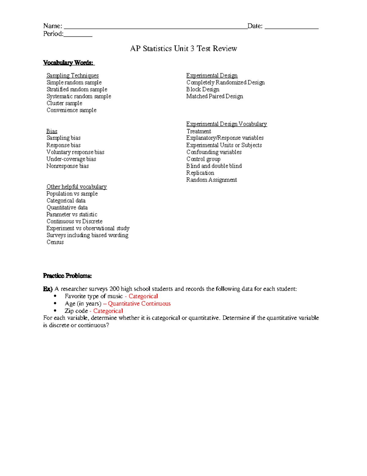 AP Statistics Unit 3 Test Review: Sampling Techniques & Bias Concepts ...