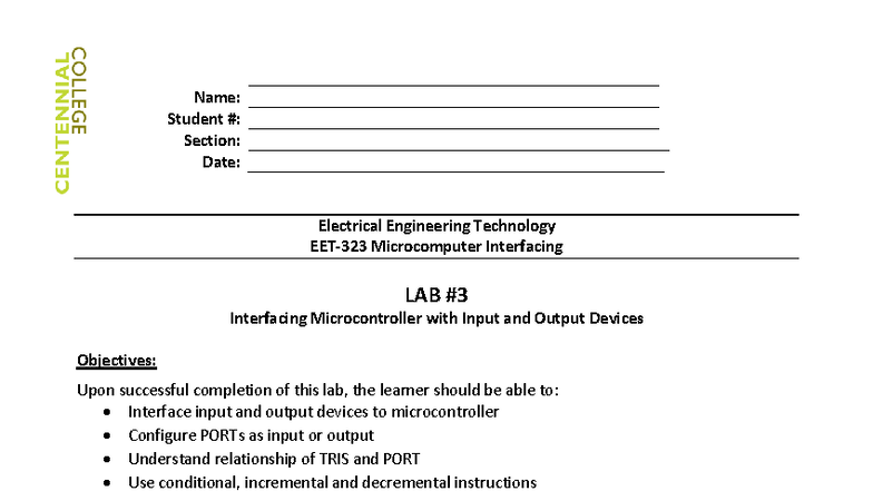 EET-323 Lab 3: Interfacing I/O Devices with Microcontrollers - Studocu
