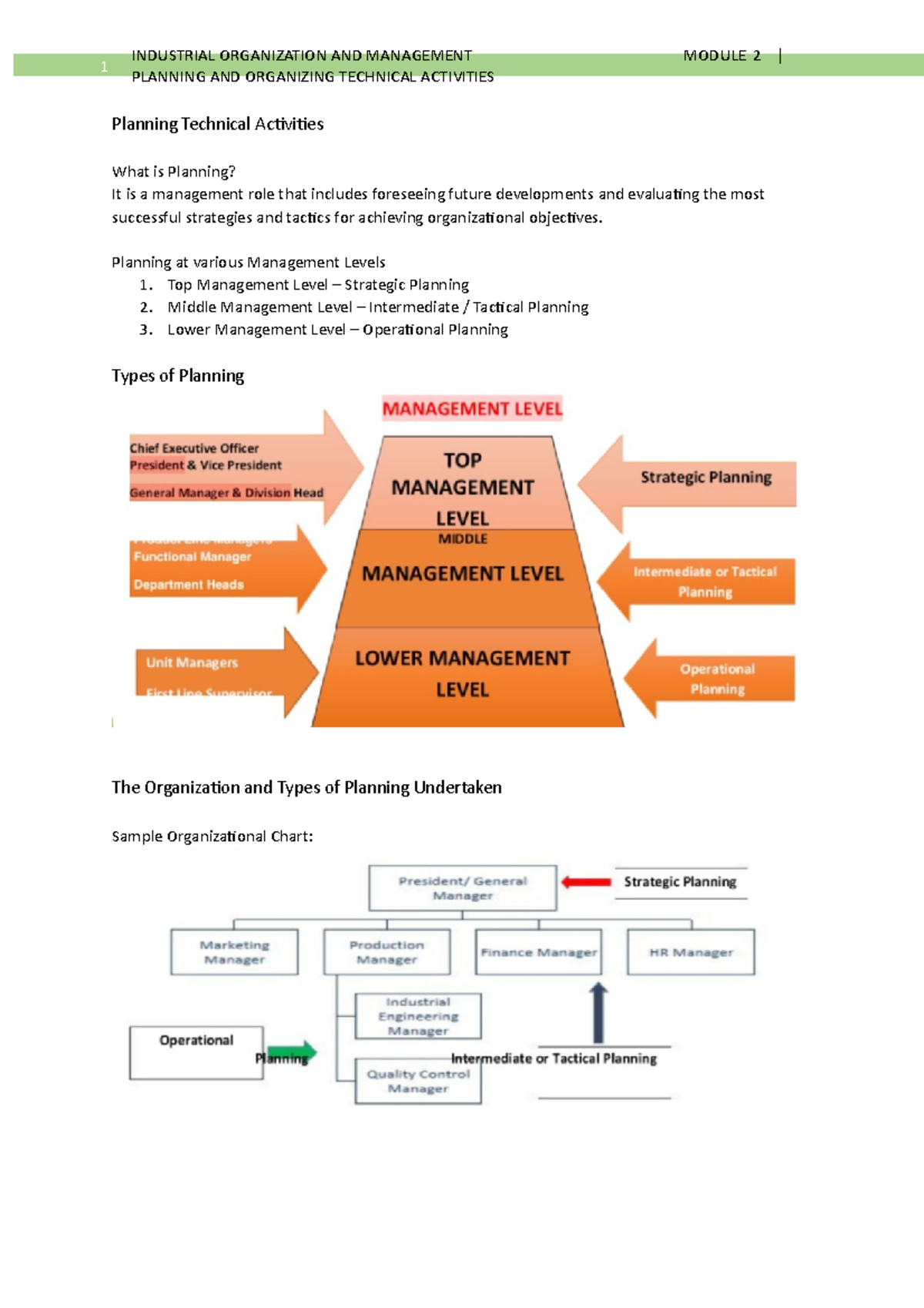 IOM Module 2 - Notes on Planning & Organizing in Management - Studocu