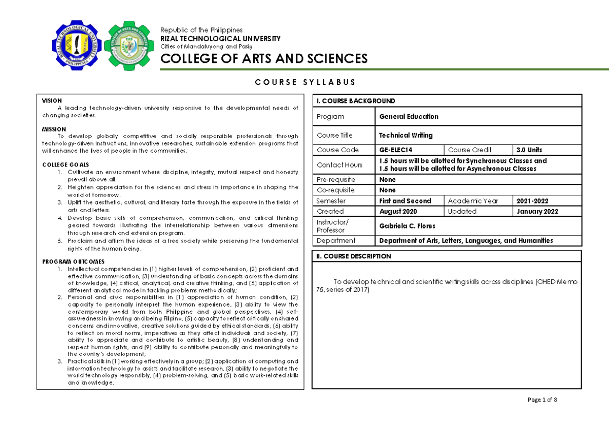 GE-ELEC14 Syllabus for Technical Writing Course Overview and Details - Studocu