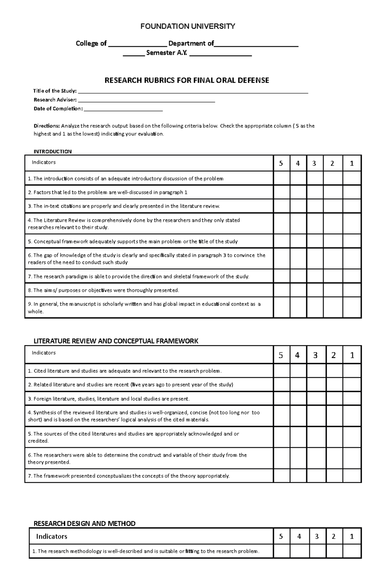 Rubrics FOR ORAL Defense - FOUNDATION UNIVERSITY College of ...