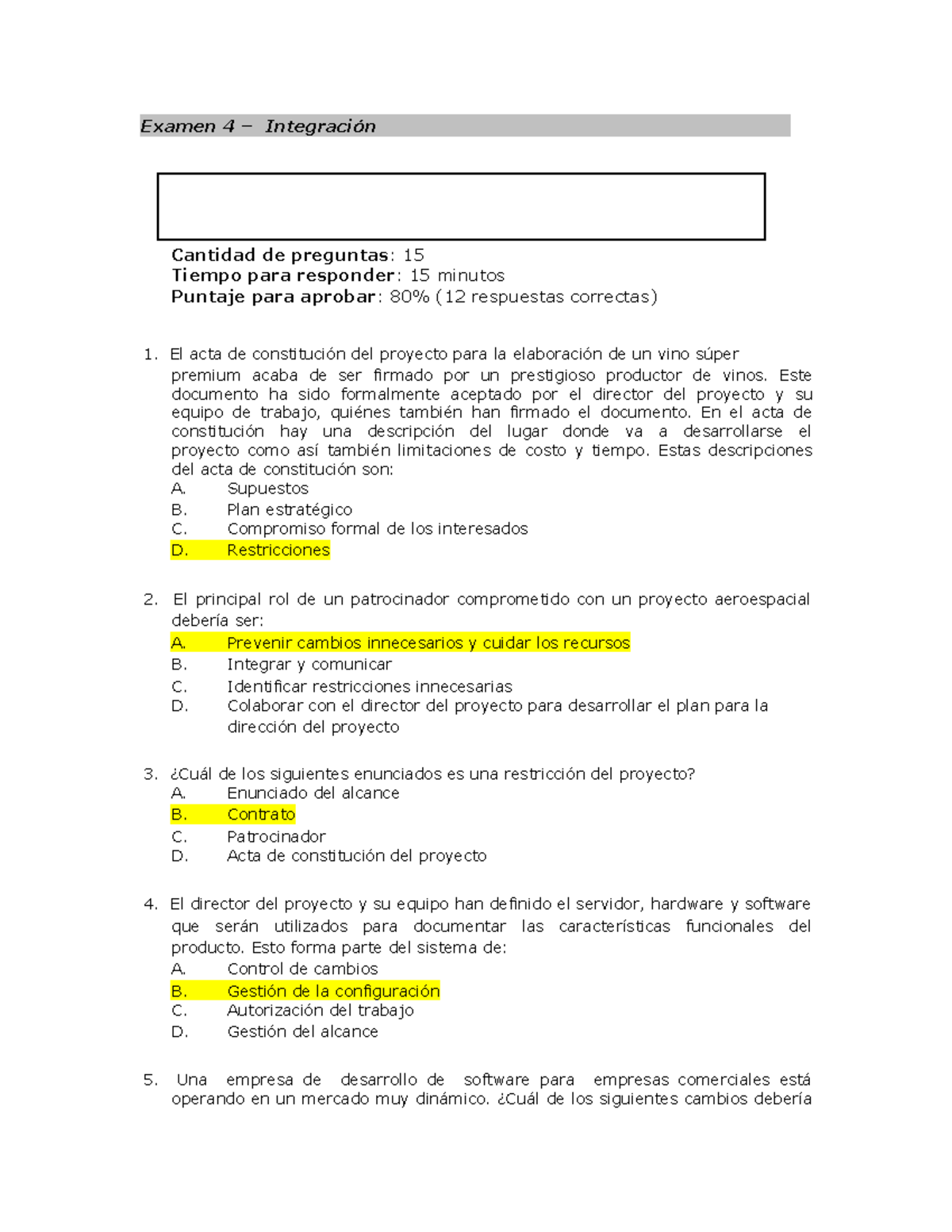 Examen 4: Integración y Gestión de Proyectos - 15 Preguntas - Studocu