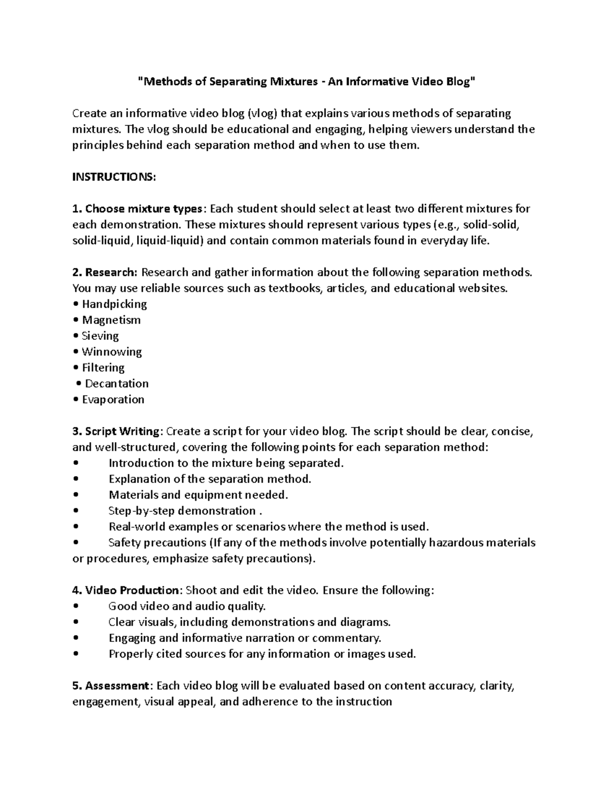 Performance Task - Methods of Separating Mixtures - "Methods of ...