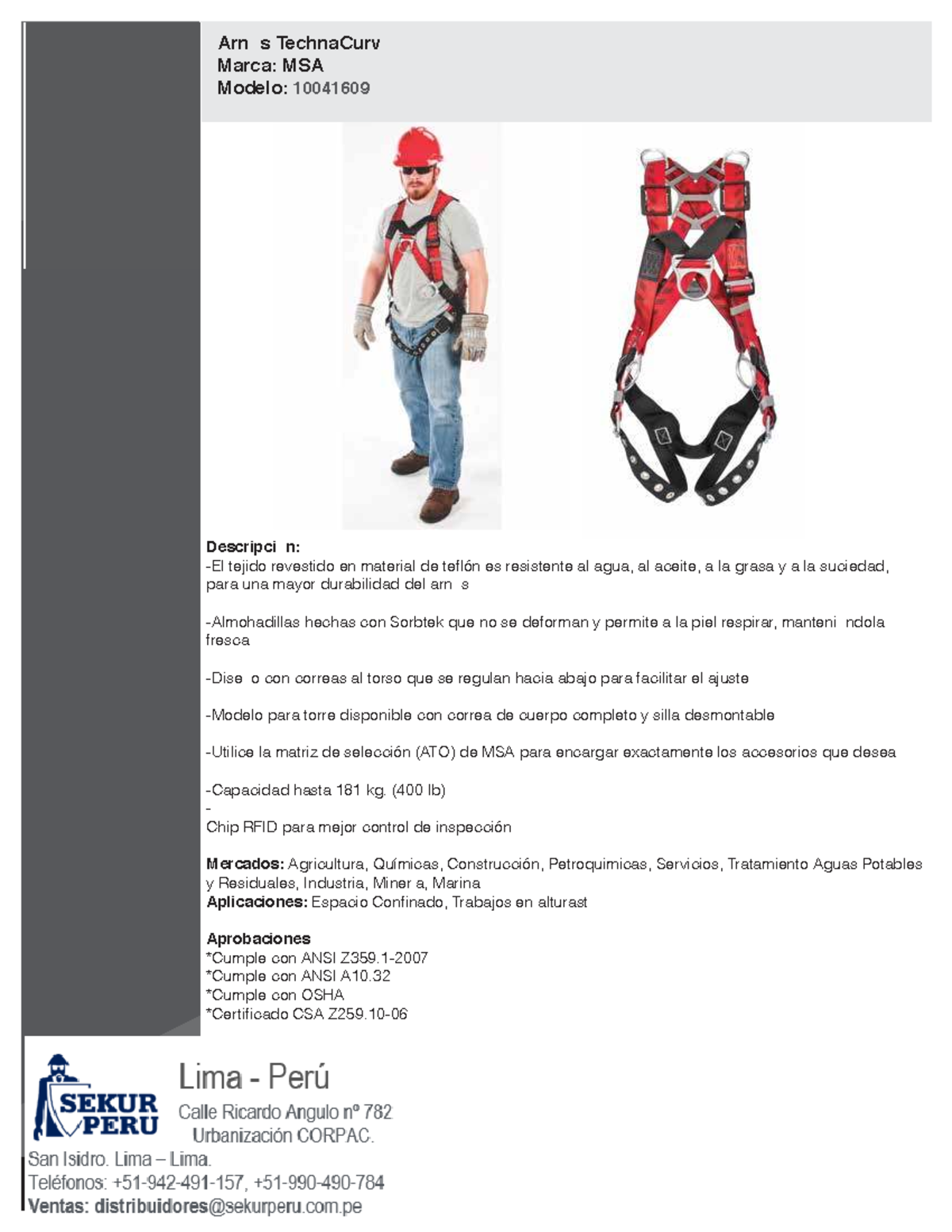 MSA Arnés TechnaCurv 10041609: Resistencia y Durabilidad en Trabajo ...