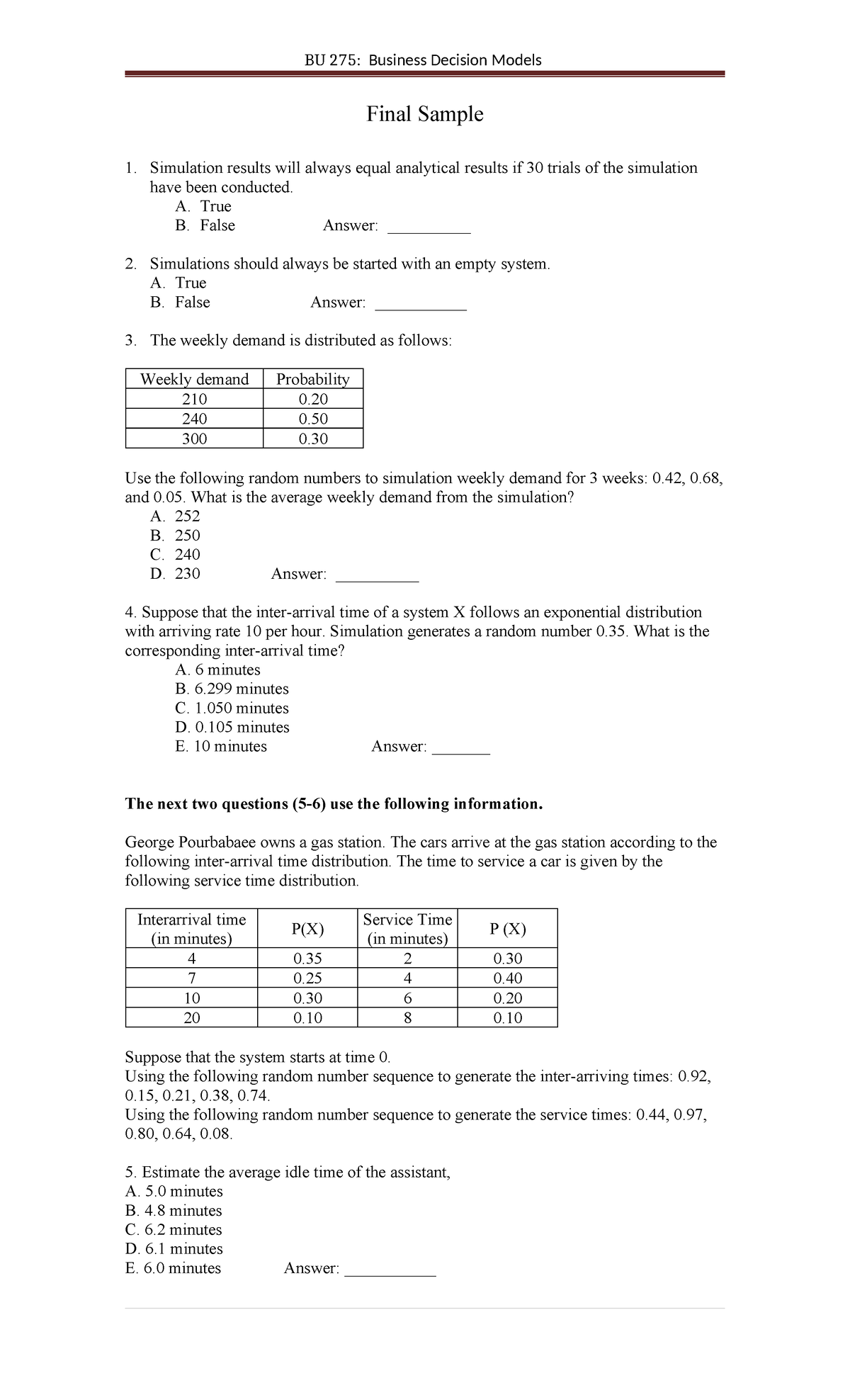 BU 275: Business Decision Models Final Exam Sample Questions and Answers - Studocu