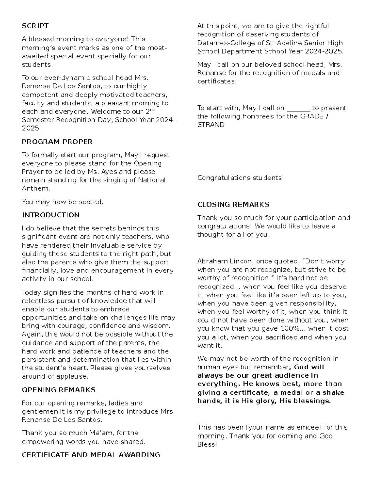 Recognition Day Script for St. Adeline Senior High School 2024-2025 ...
