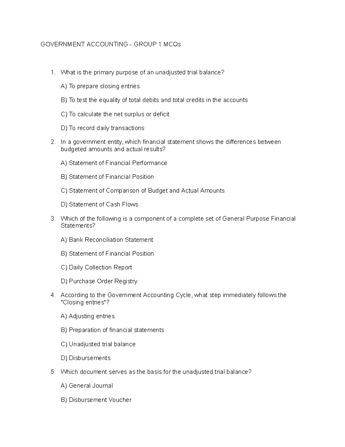 G1 - Government Accounting MCQs for Group 1 Exam - Studocu