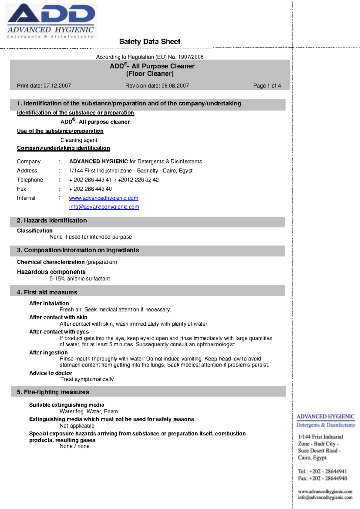 Safety Data Sheet for All Purpose Cleaner (Floor Cleaner) - ADD - Studocu