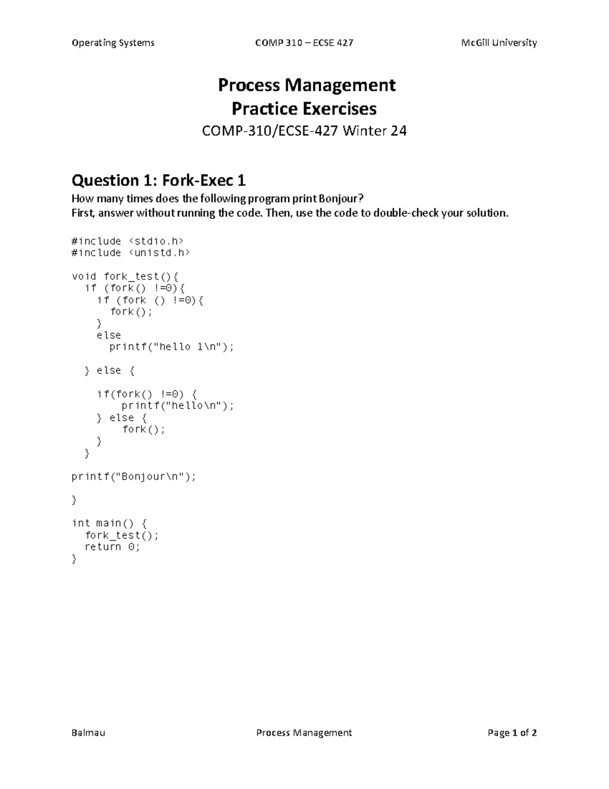 Process Management - Practice Exercises - Operating Systems COMP 310 – ECSE 427 McGill ...