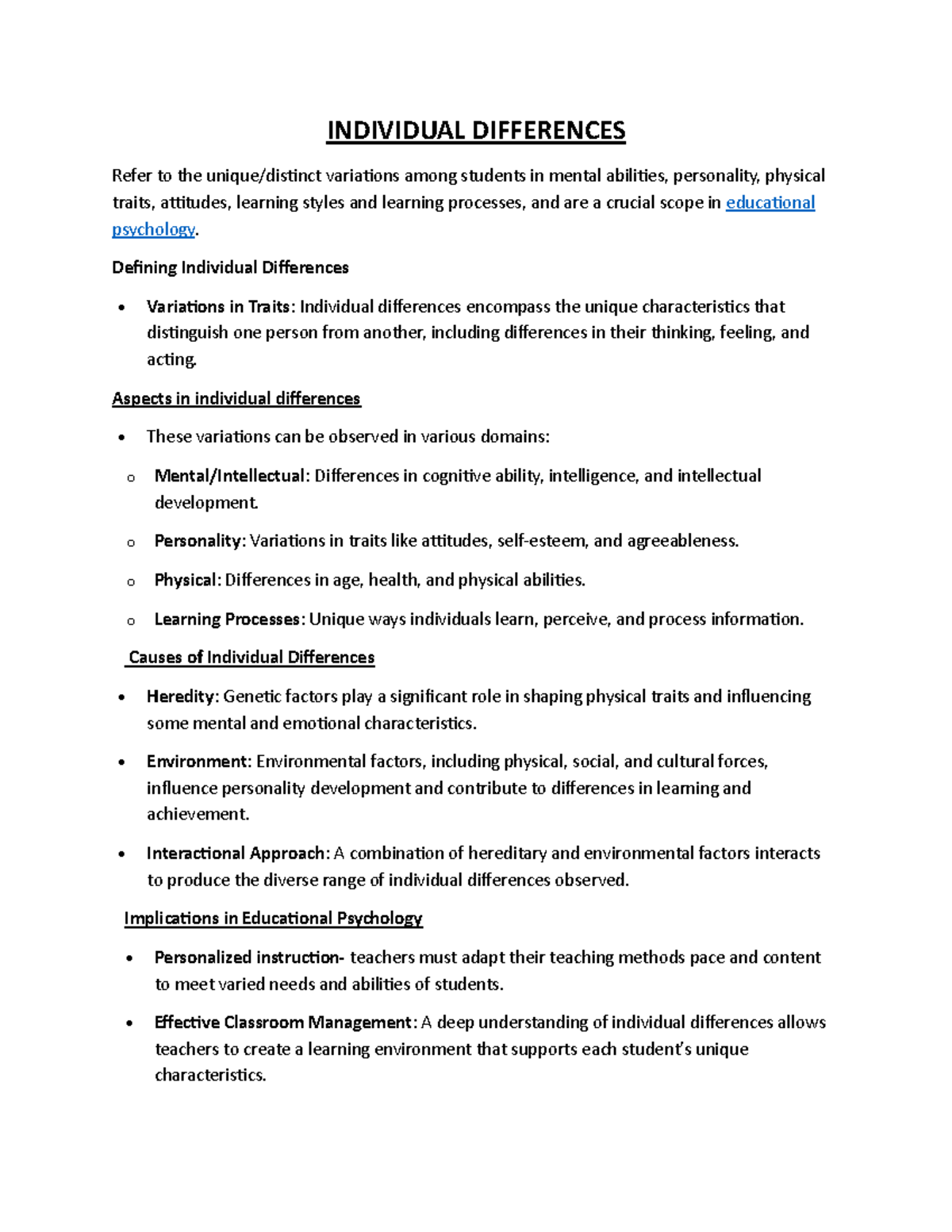 Individual Differences in Educational Psychology: Key Aspects and ...