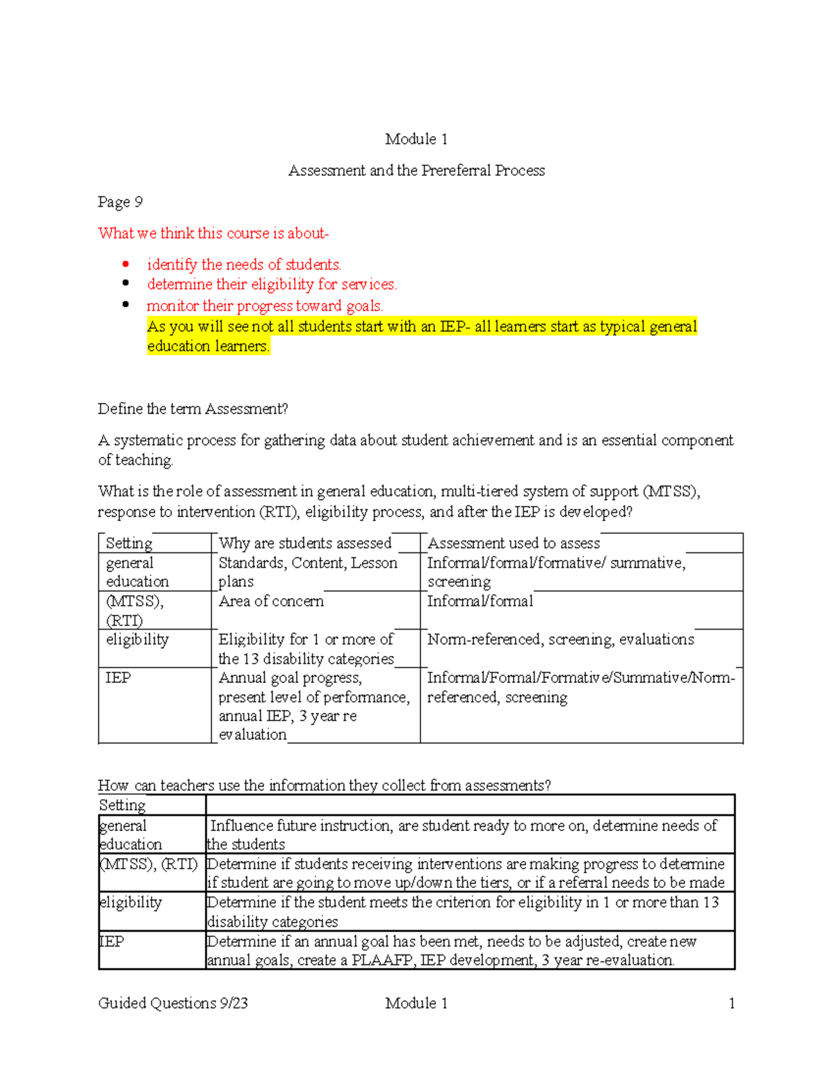 Module 1 Retake Study Guide: Assessment & Prereferral Process - Studocu