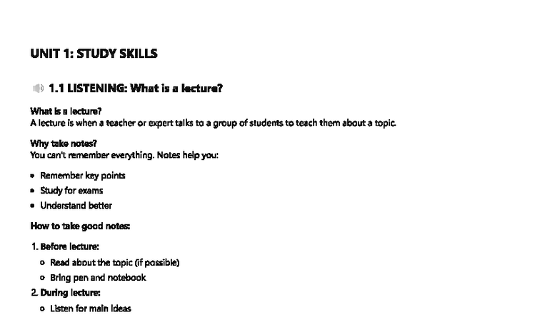 UNIT 1: STUDY SKILLS - Listening, Grammar, Reading Techniques - Studocu