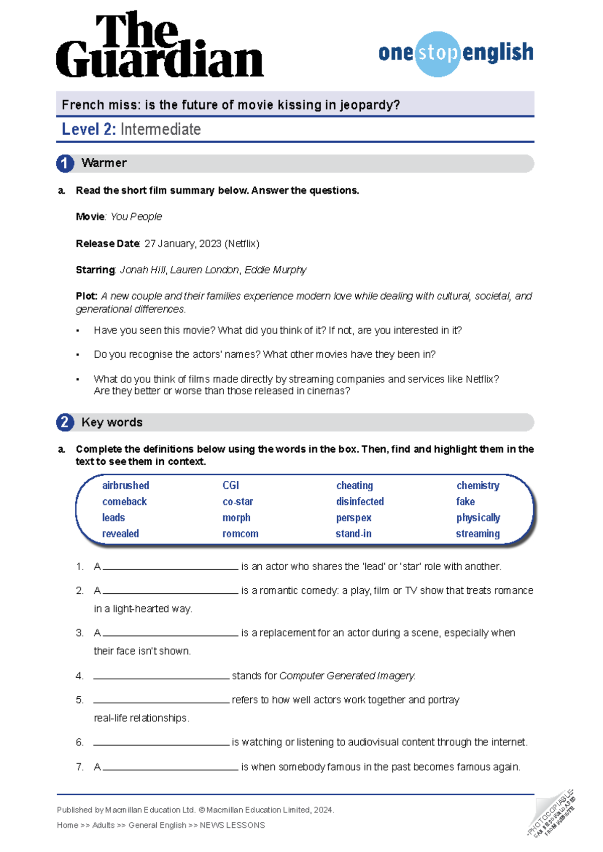 French Miss: Is Movie Kissing in Jeopardy? Level 2: Intermediate - Studocu